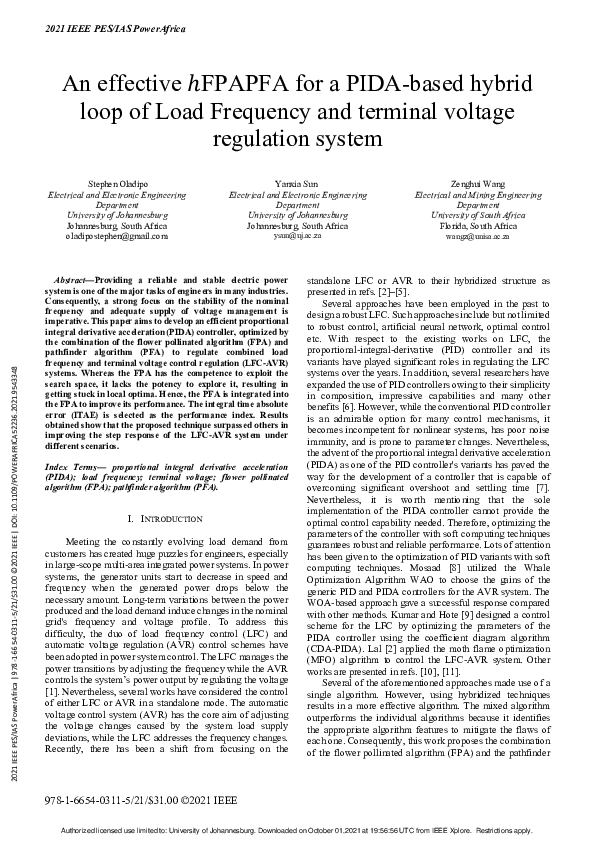 Pdf An Effective Hfpapfa For A Pida Based Hybrid Loop Of Load Frequency And Terminal Voltage
