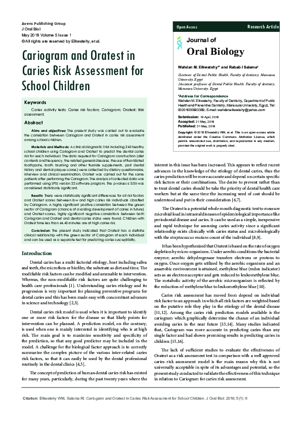 (PDF) Cariogram and Oratest in Caries Risk Assessment for School Children