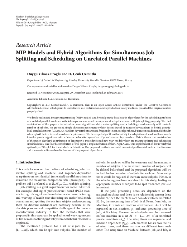 (PDF) MIP Models and Hybrid Algorithms for Simultaneous Job Splitting ... (PDF) MIP Models and Hybrid Algorithms for Simultaneous Job Splitting ...