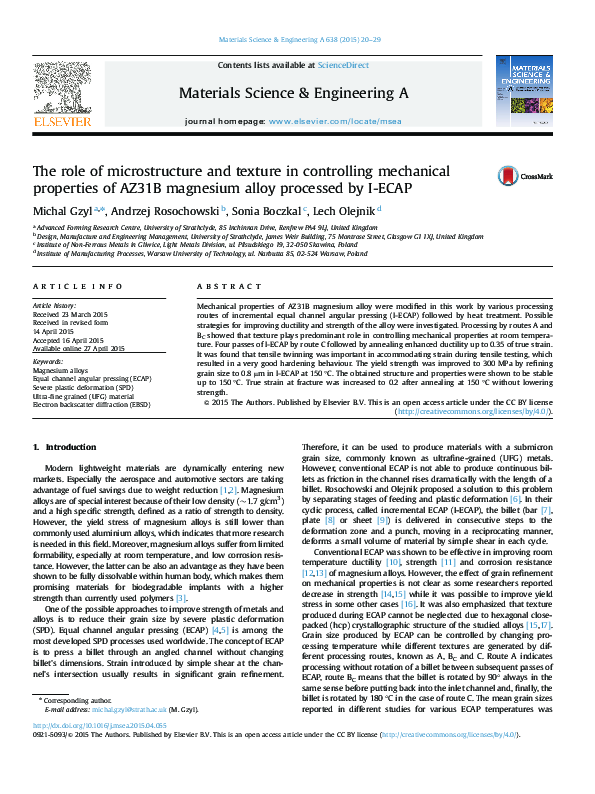(PDF) The role of microstructure and texture in controlling mechanical properties of AZ31B ...