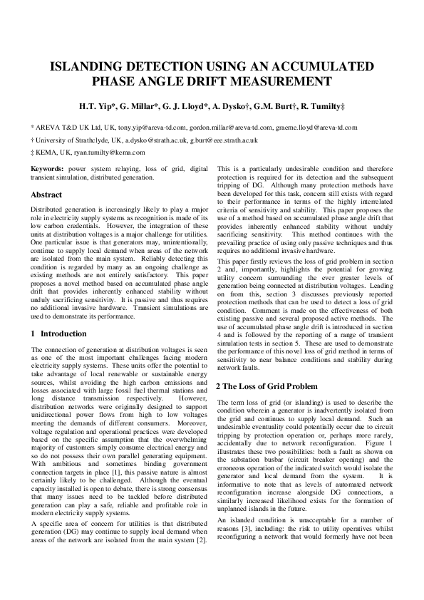 (PDF) Islanding detection using an accumulated phase angle drift measurement