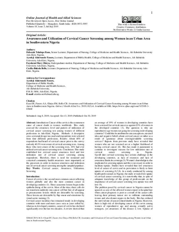 Pdf Awareness And Utilization Of Cervical Cancer Screening Among