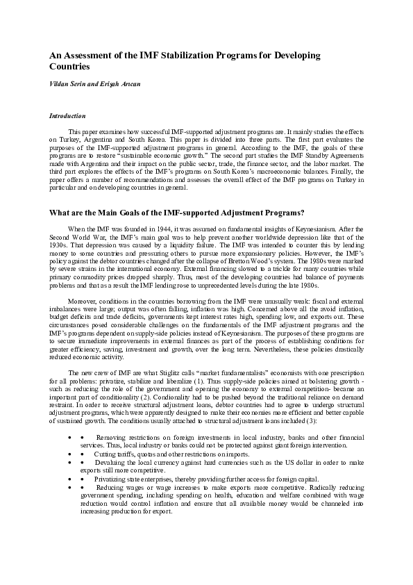 (PDF) An Assessment of the IMF Stabilization Programs for Developing ...