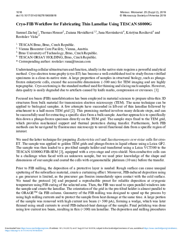 (PDF) Cryo-FIB Workflow for Fabricating Thin Lamellae Using TESCAN S8000G