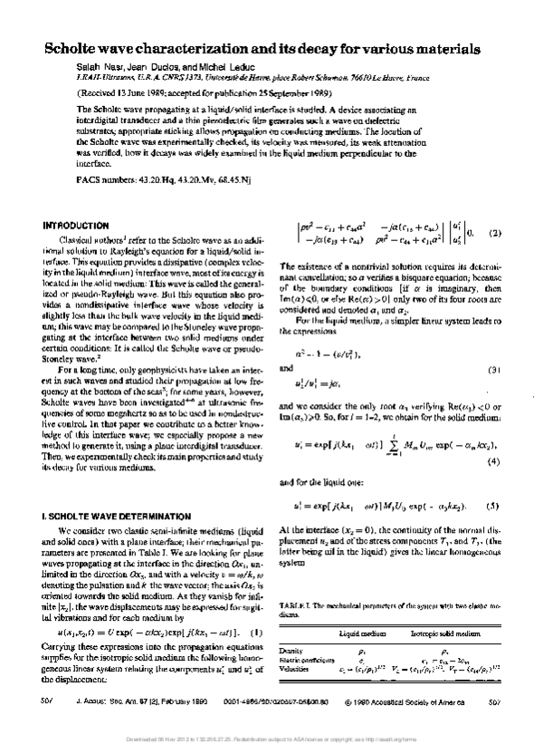 (PDF) Scholte wave characterization and its decay for various materials