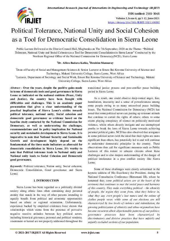 (PDF) Political Tolerance, National Unity and Social Cohesion as a Tool ...