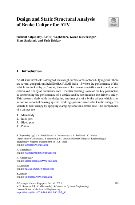 (PDF) Design and Static Structural Analysis of Brake Caliper for ATV