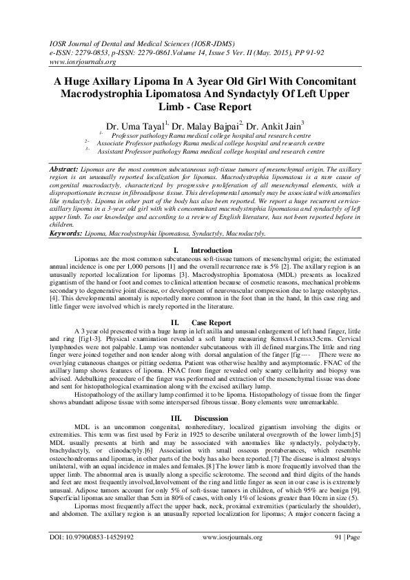 (PDF) A Huge Axillary Lipoma In A 3 year Old Girl With Concomitant ...