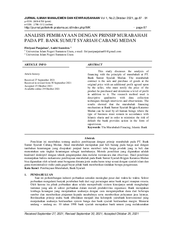 (PDF) Analisis Pembiayaan Dengan Prinsip Murabahah Pada Pt. Bank Sumut Syariah Cabang Medan