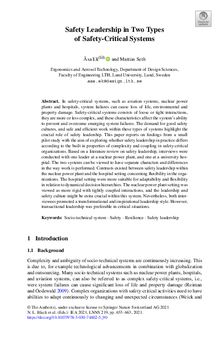 (PDF) Safety Leadership in Two Types of Safety-Critical Systems