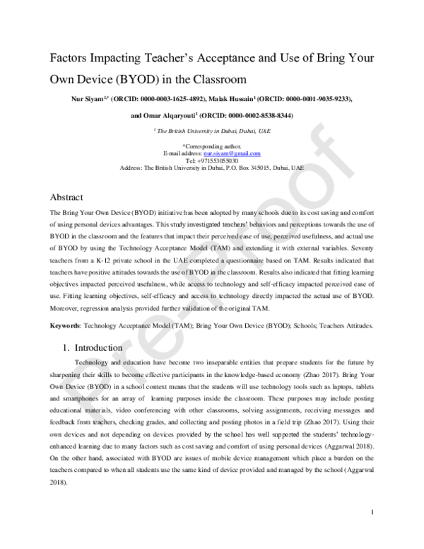 (PDF) Factors Impacting Teacher's Acceptance and Use of Bring Your Own Device (BYOD) in the ...