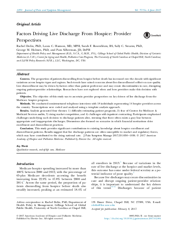 (PDF) Factors driving live discharge from hospice: Provider perspectives
