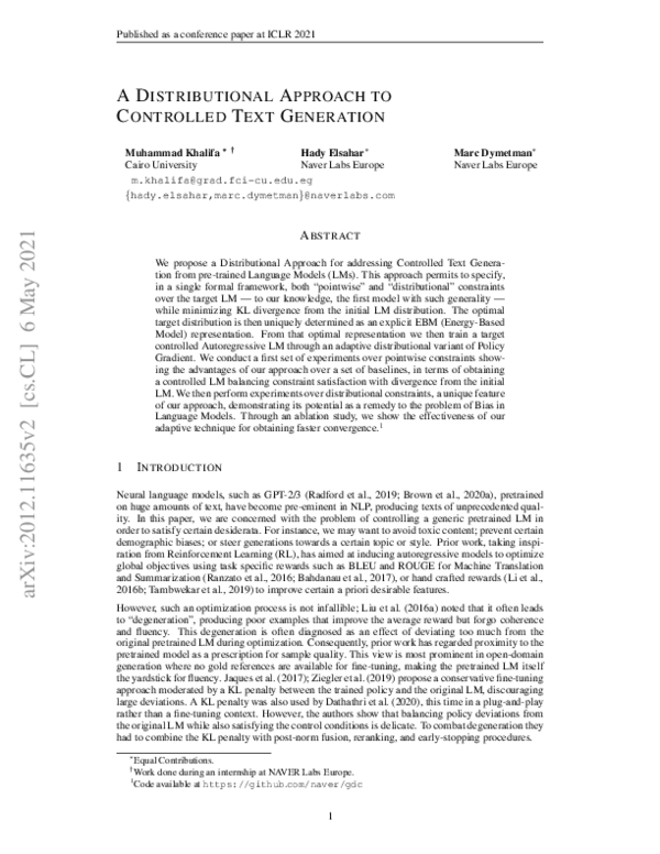 (PDF) A Distributional Approach to Controlled Text Generation
