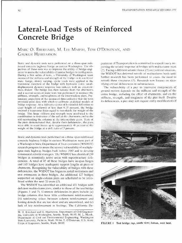 (PDF) Lateral-Load Tests of Reinforced Concrete Bridge