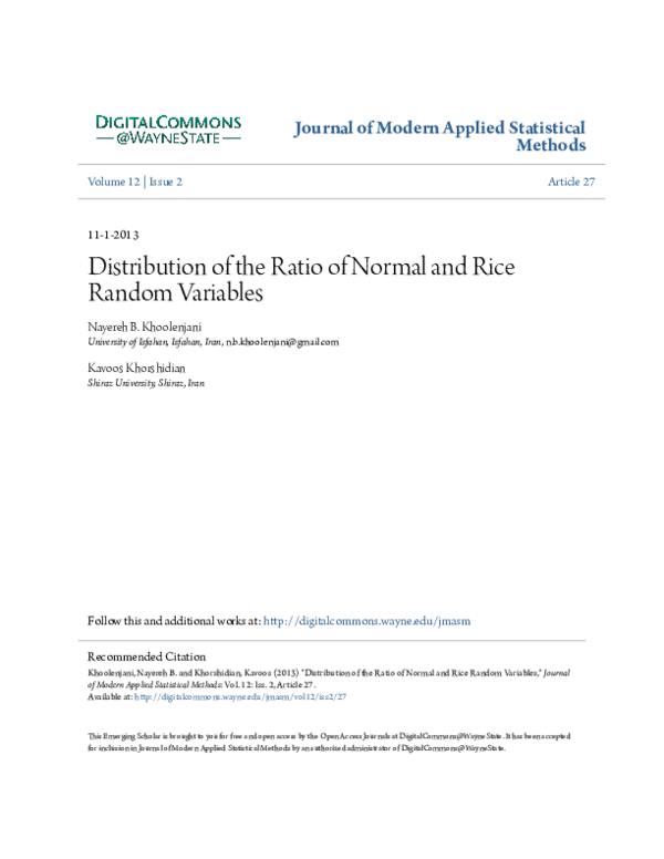(PDF) Distribution of the Ratio of Normal and Rice Random Variables