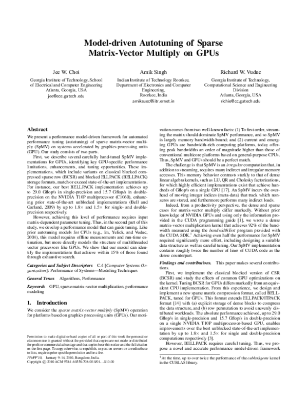 (PDF) Model-driven autotuning of sparse matrix-vector multiply on GPUs
