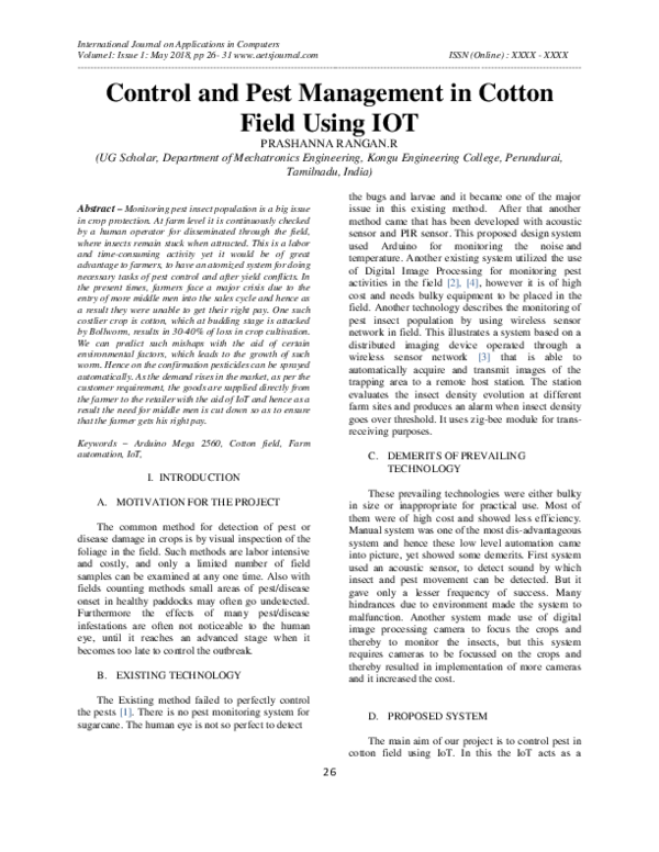 (PDF) Control and Pest Management in Cotton Field Using IOT
