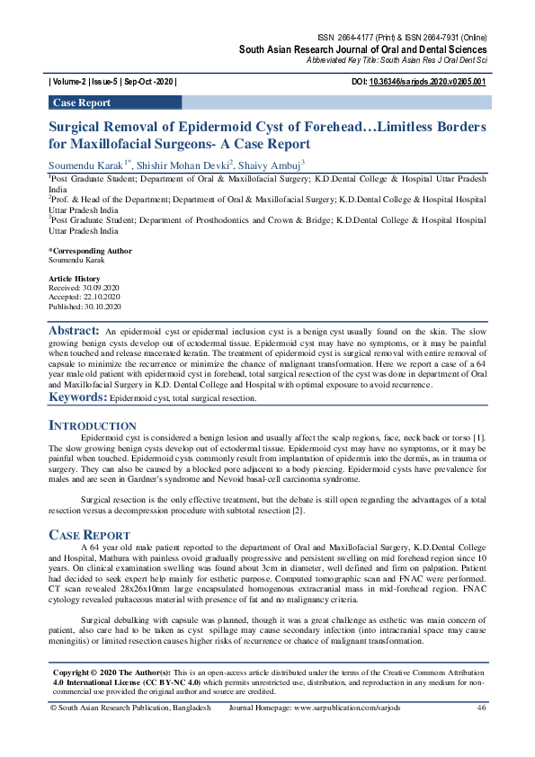 (PDF) Surgical Removal of Epidermoid Cyst of Forehead…Limitless Borders ...