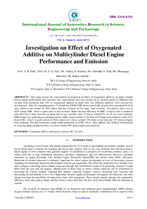 (PDF) Investigation on Effect of OxygenatedAdditive on Multicylinder ...