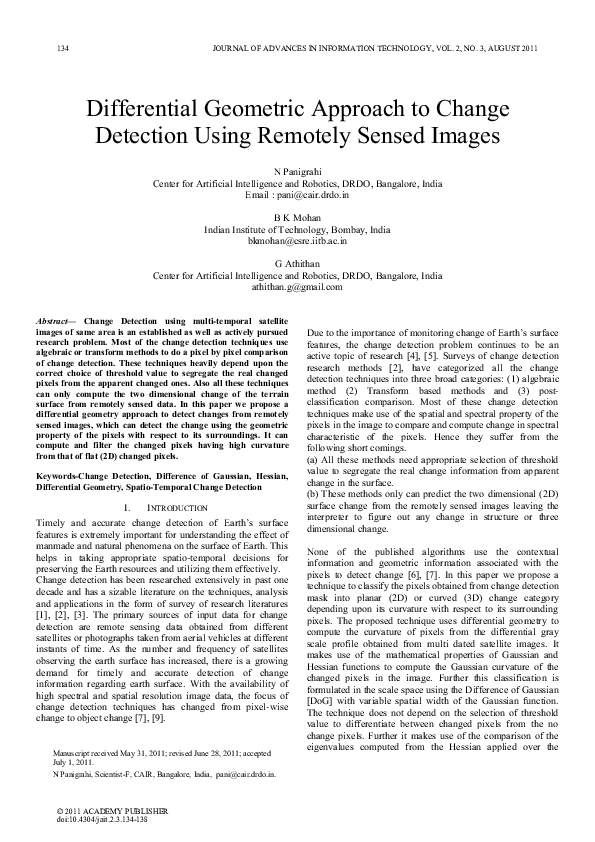 (PDF) Differential Geometric Approach to Change Detection Using Remotely Sensed Images