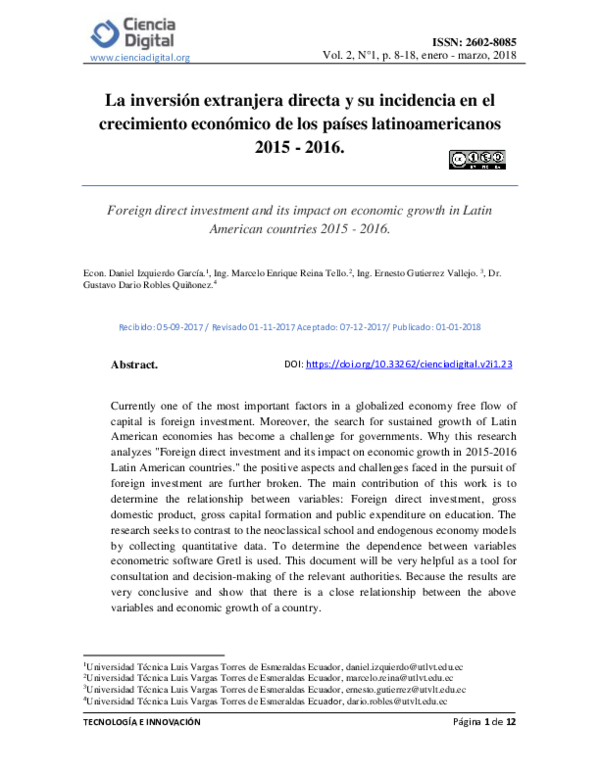 (PDF) La inversión extranjera directa y su incidencia en el crecimiento económico de los países ...