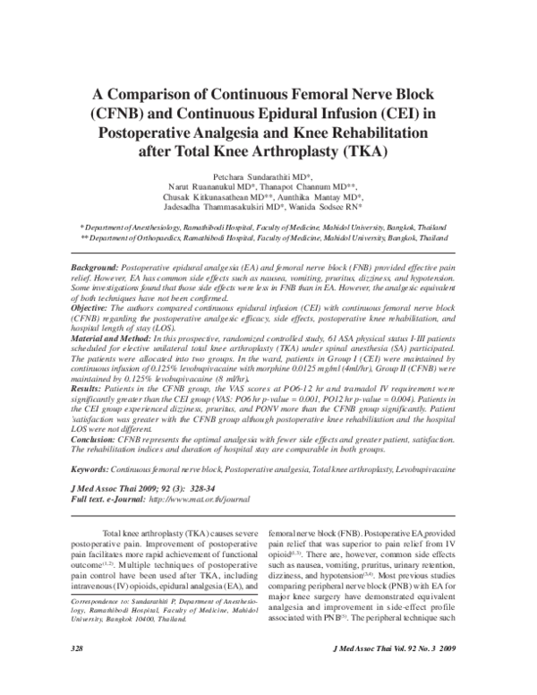 Pdf A Comparison Of Continuous Femoral Nerve Block Cfnb And