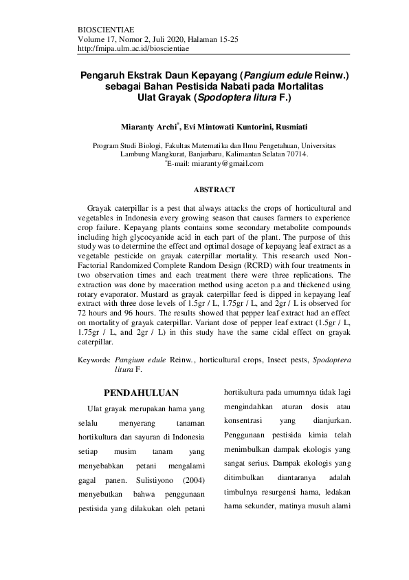 (PDF) Pengaruh Ekstrak Daun Kepayang (Pangium edule Reinw.) sebagai ...