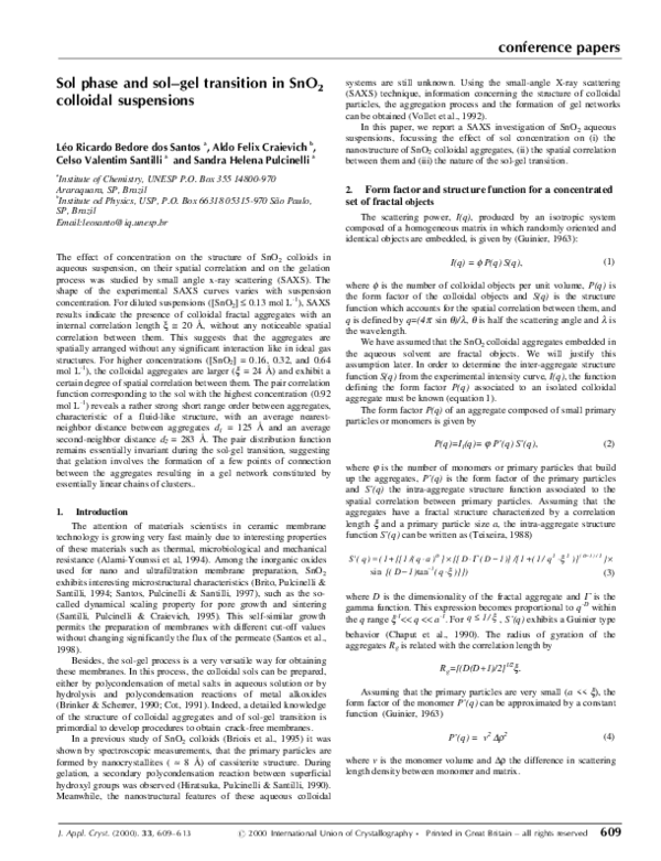 (PDF) Sol phase and sol-gel transition in SnO2 colloidal suspensions