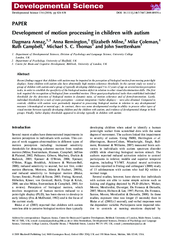 (PDF) Development of motion processing in children with autism