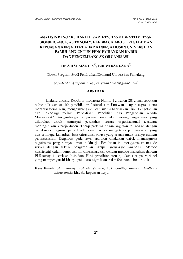 (PDF) Analisis Pengaruh Skill Variety, Task Identity, Task Significance ...