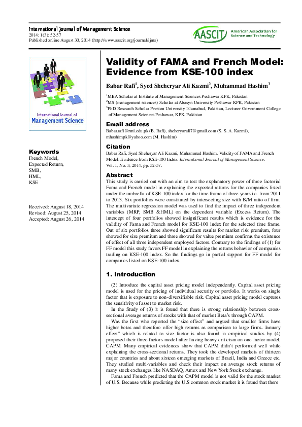 (PDF) Validity of FAMA and French Model: Evidence from KSE-100 index