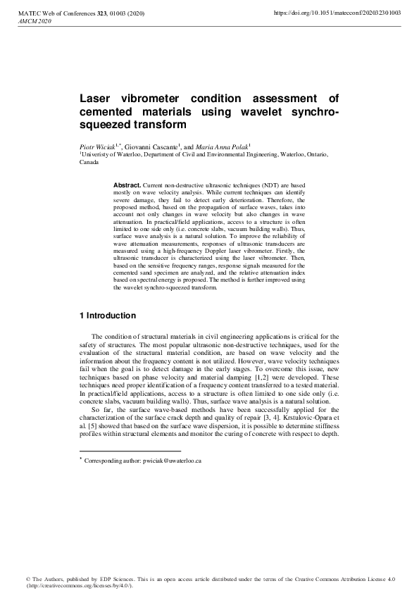 Pdf Laser Vibrometer Condition Assessment Of Cemented Materials Using