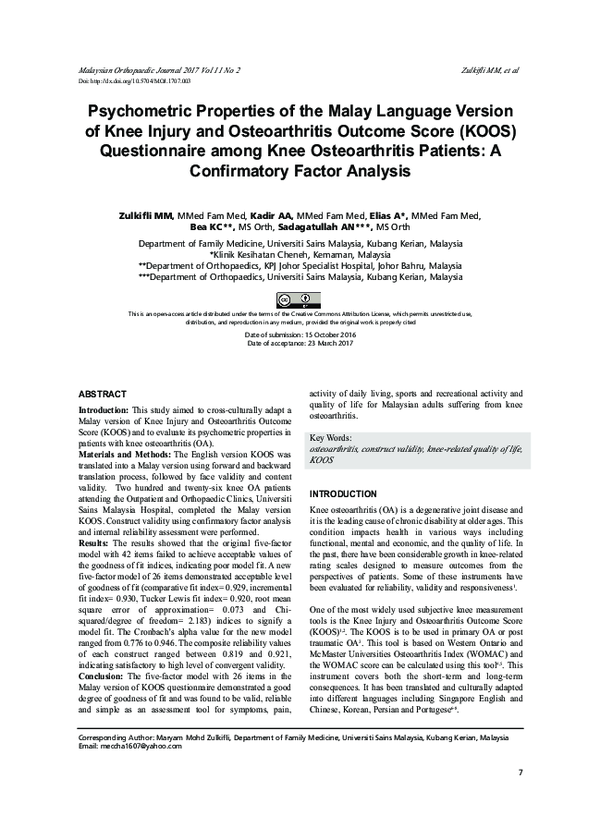 (PDF) of Knee Injury and Osteoarthritis Outcome Score (KOOS ...