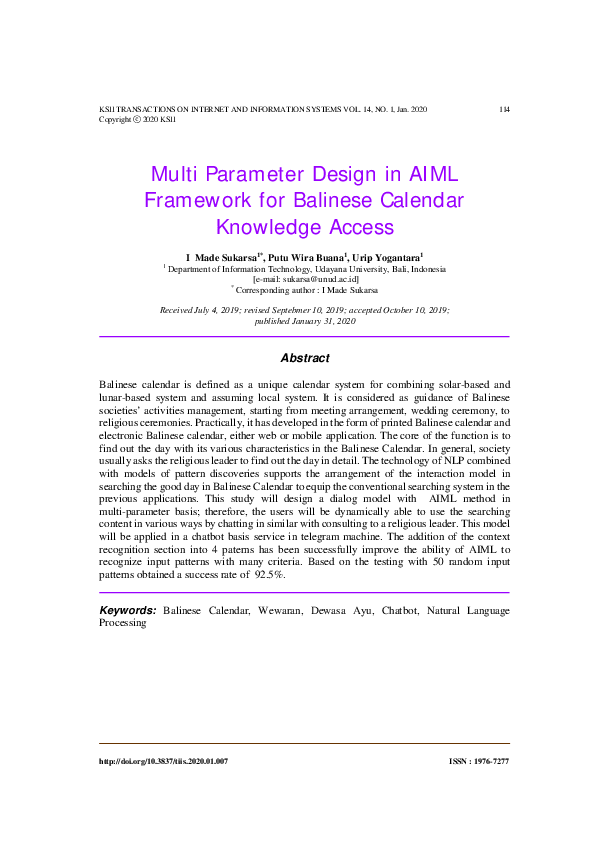 (PDF) Multi Parameter Design in AIML Framework for Balinese Calendar ...