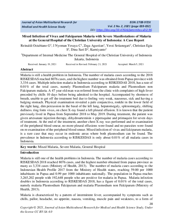 (PDF) Mixed Infection of Vivax and Falciparum Malaria with Severe ...