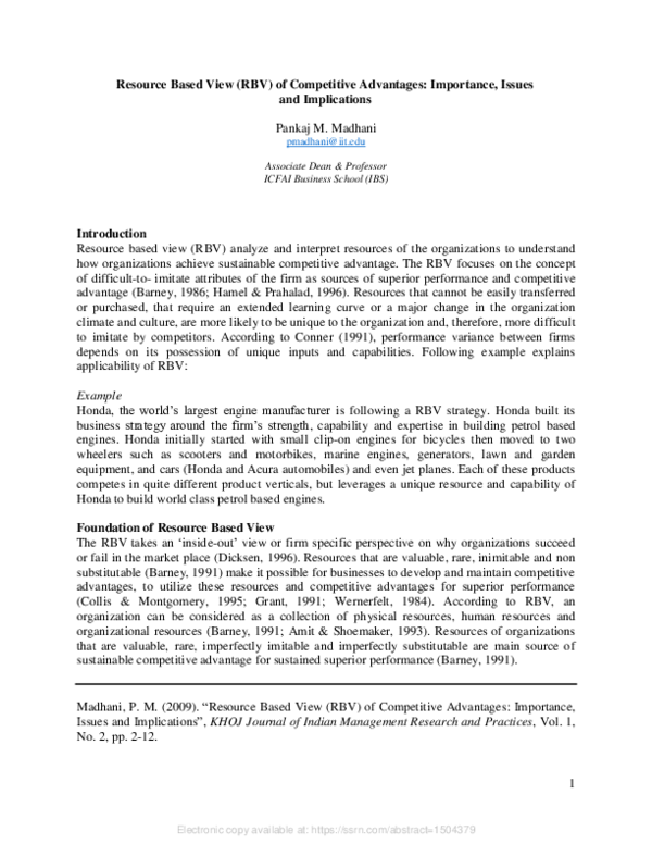 (PDF) Resource Based View (RBV) of Competitive Advantages: Importance ...