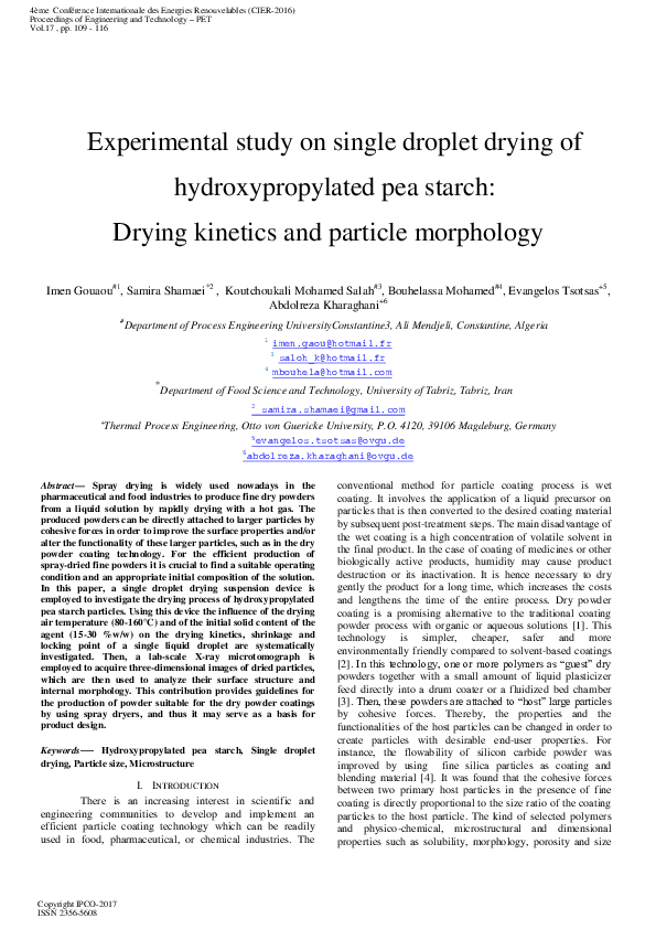 (PDF) Experimental study on single droplet drying of hydroxypropylated ...