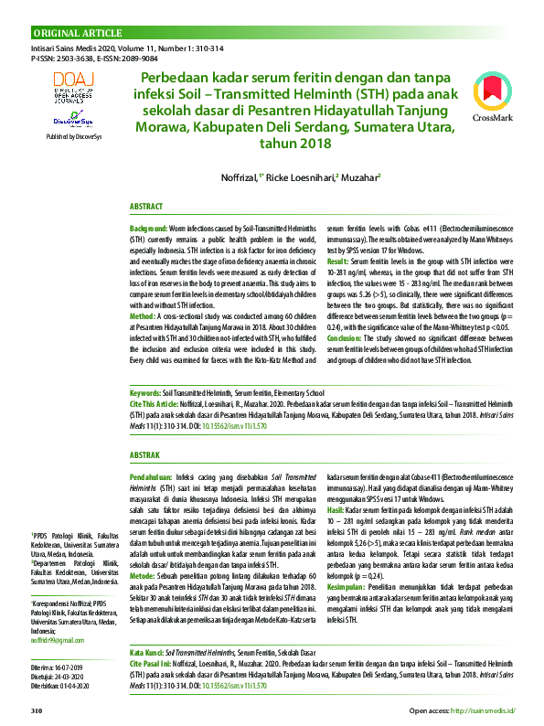 (PDF) Perbedaan kadar serum feritin dengan dan tanpa infeksi Soil – Transmitted Helminth (STH ...