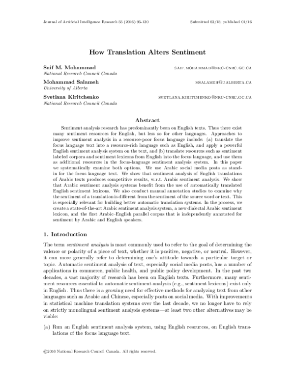 Pdf How Translation Alters Sentiment