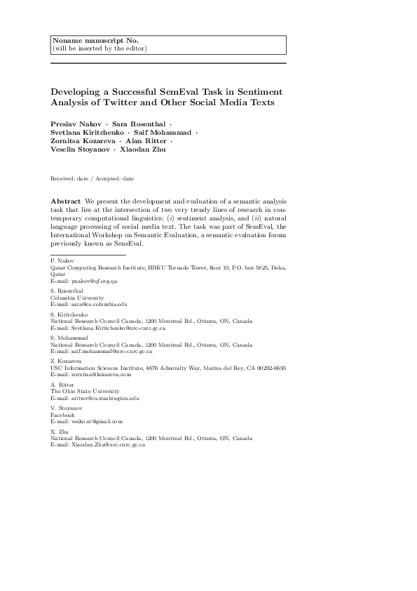 Pdf Developing A Successful Semeval Task In Sentiment Analysis Of Twitter And Other Social