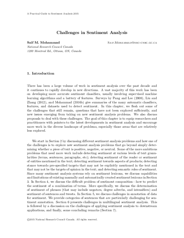 (PDF) Challenges in Sentiment Analysis