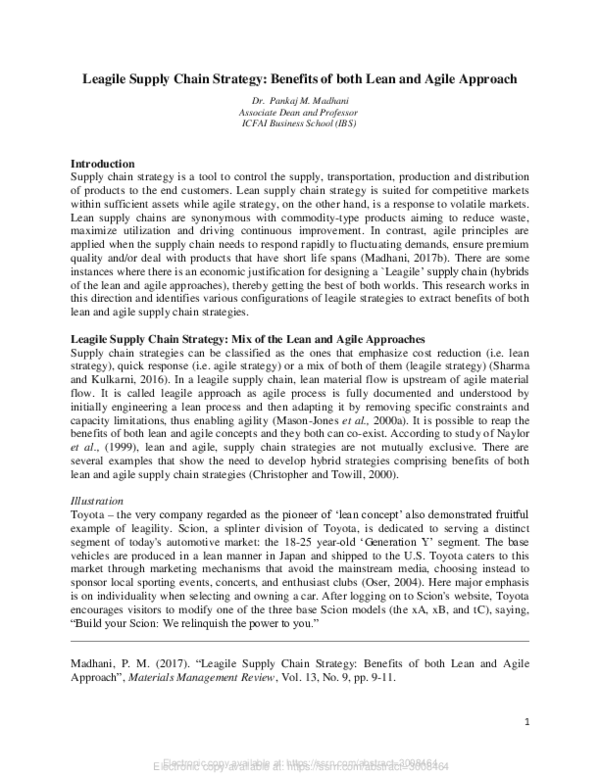 Pdf Leagile Supply Chain Strategy Benefits Of Both Lean And Agile