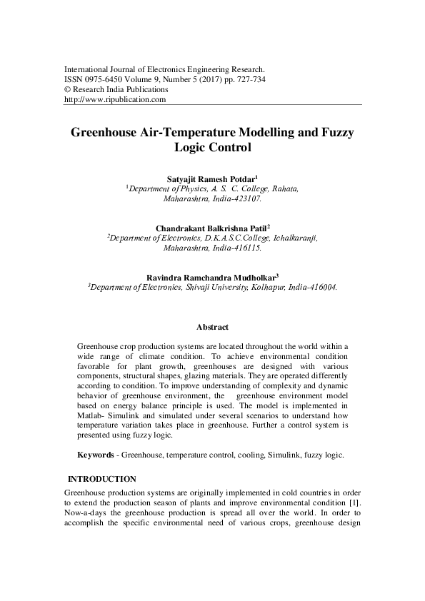 (PDF) Greenhouse Air-Temperature Modelling and Fuzzy Logic Control