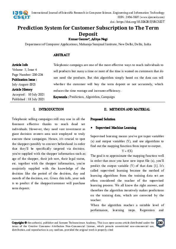 (PDF) Prediction System for Customer Subscription to The Term Deposit