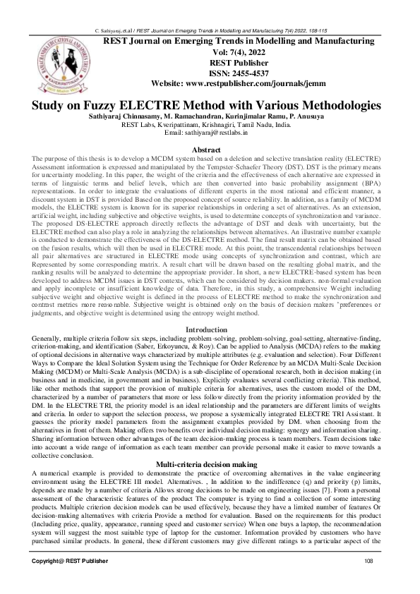 (PDF) Study on Fuzzy ELECTRE Method with Various Methodologies