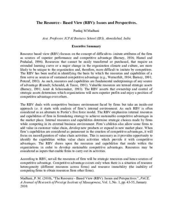 (PDF) The Resource -Based View (RBV): Issues and Perspectives