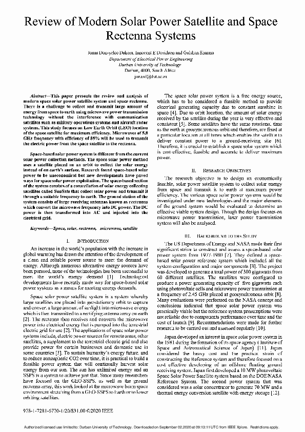 (PDF) Review of Modern Solar Power Satellite and Space Rectenna Systems