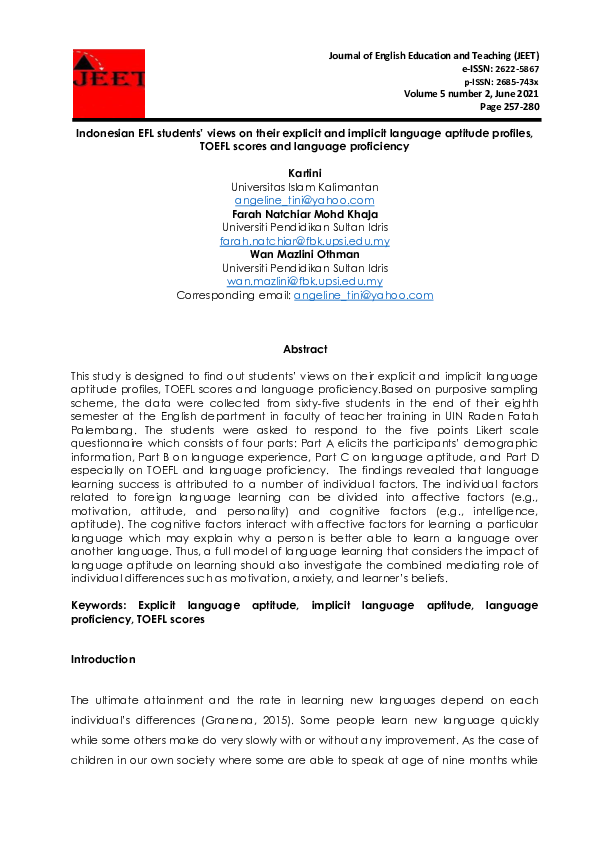 (PDF) Indonesian EFL students’ views on their explicit and implicit language aptitude profiles ...