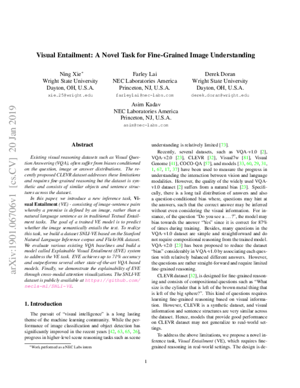 Pdf Visual Entailment A Novel Task For Fine Grained Image Understanding 