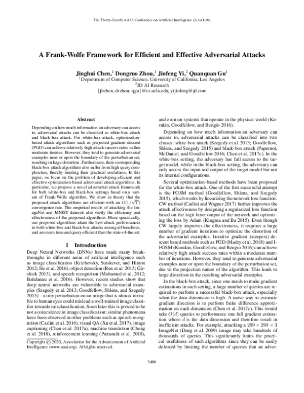 (PDF) A Frank-Wolfe Framework for Efficient and Effective Adversarial Attacks | Jinfeng Yi ...